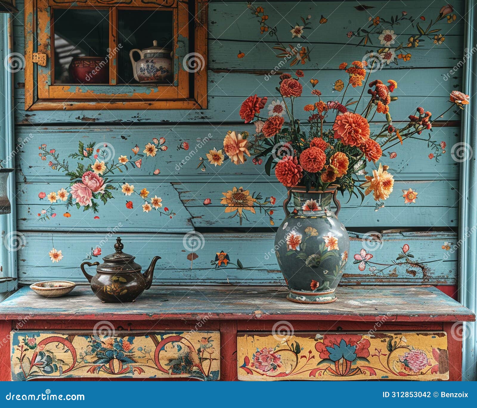 Traditional Russian Dacha with Folk Art and a Samovar Stock Photo ...