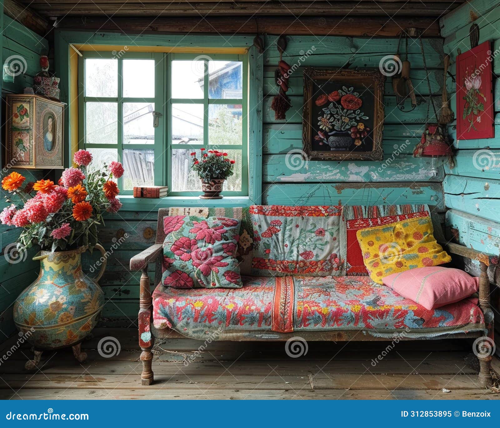 Traditional Russian Dacha with Folk Art and a Samovar Stock Image ...