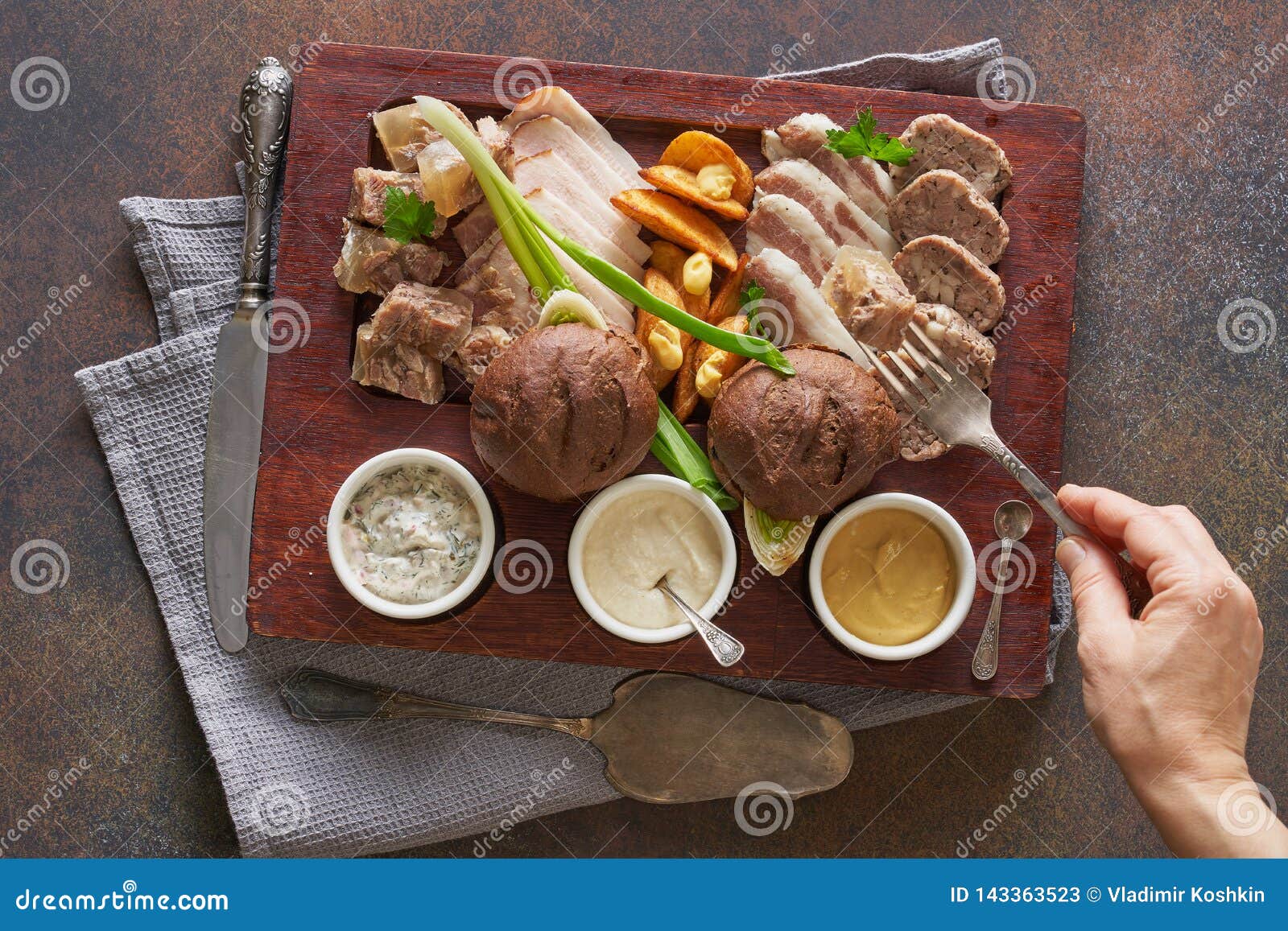Traditional Russian Meat Snacks with Different Sauces Stock Image ...