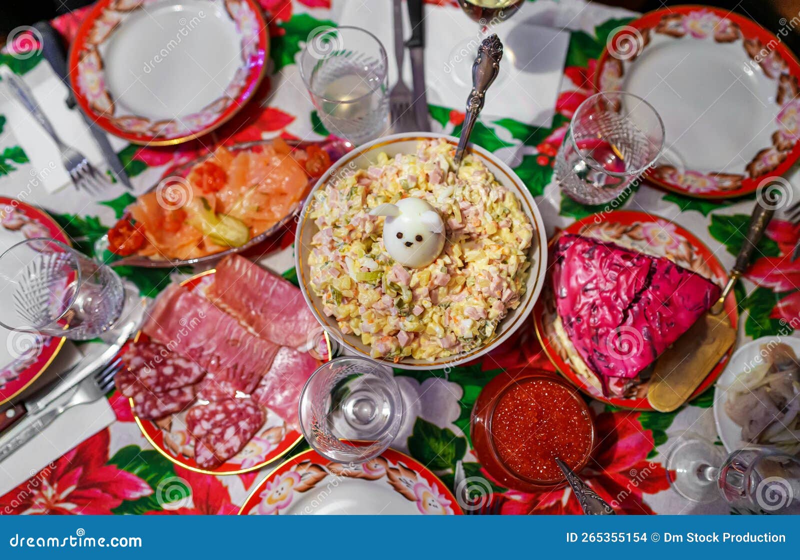 Traditional Russian New Year`s Table. Stock Photo - Image of herring ...