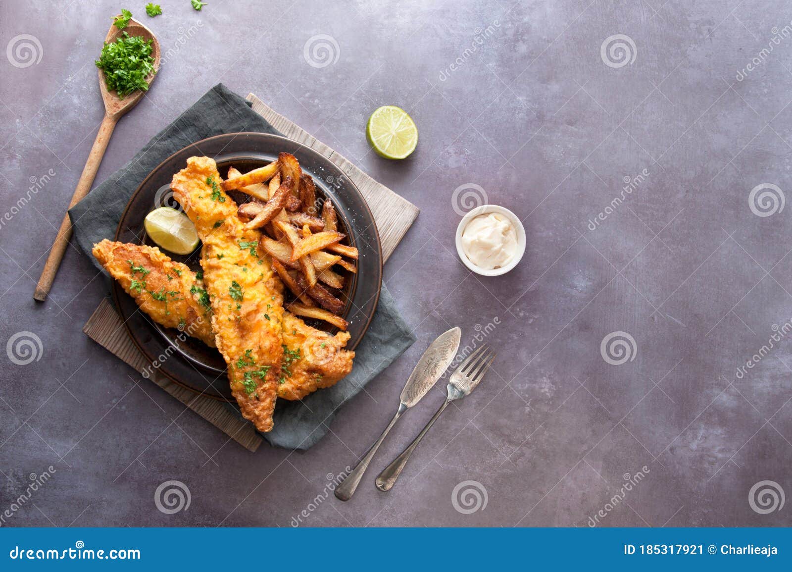 Traditional Rustic Fish and Chips Background Stock Image - Image of ...