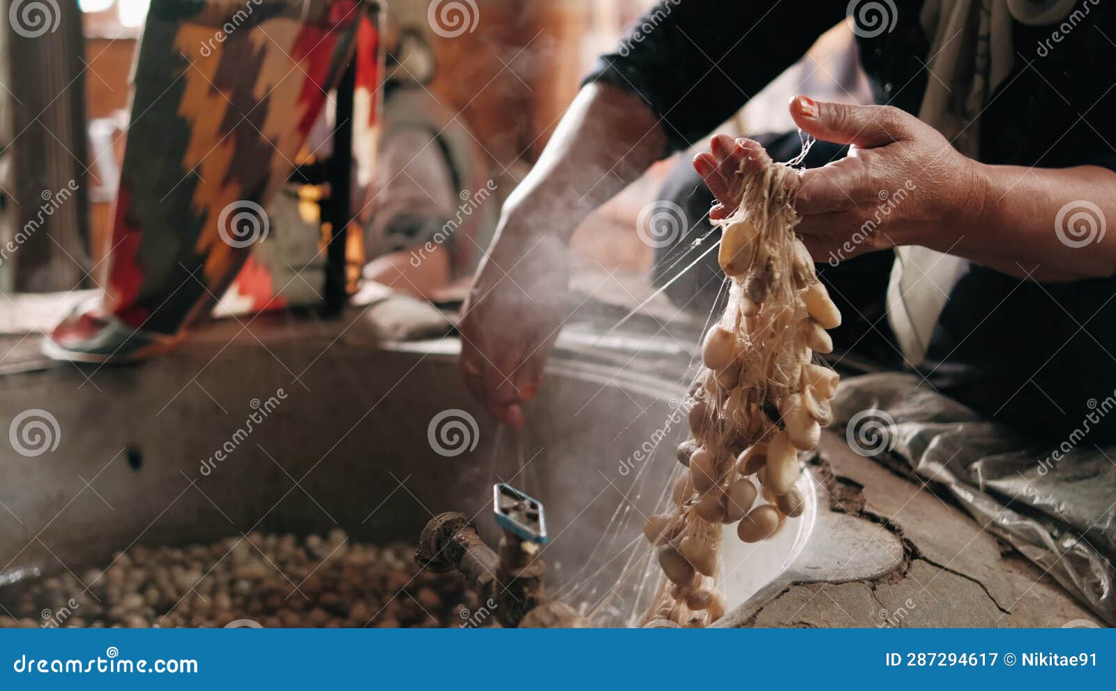 Traditional Silk Production. Processing Boiling Silkworm Cocoons in Hot ...