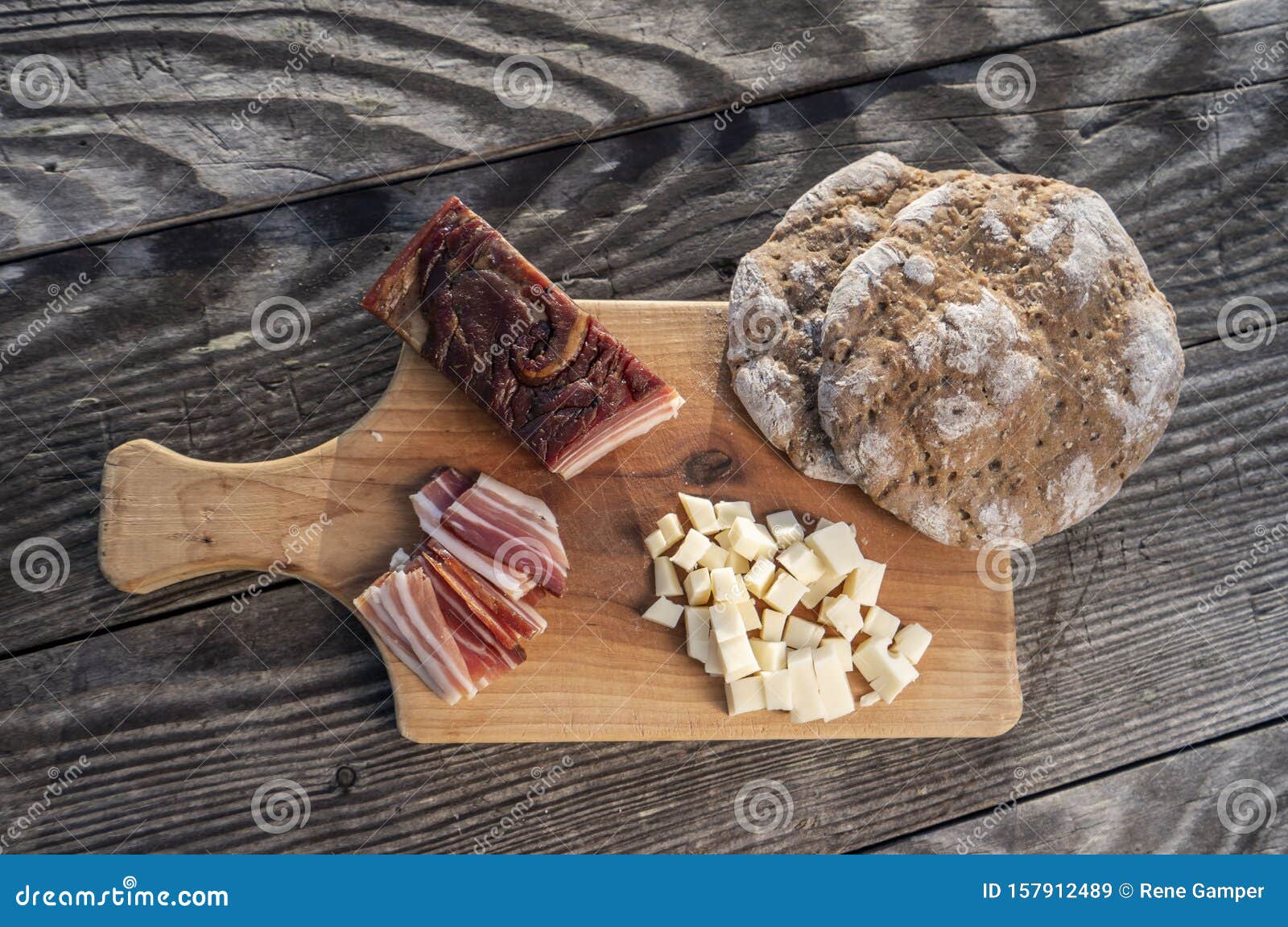 Snack with Delicious South Tyrolean Smoked Bacon and Cheese with Flat ...