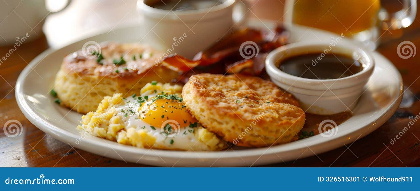 A Traditional Southern Breakfast with Biscuits and Gravy, Scrambled ...