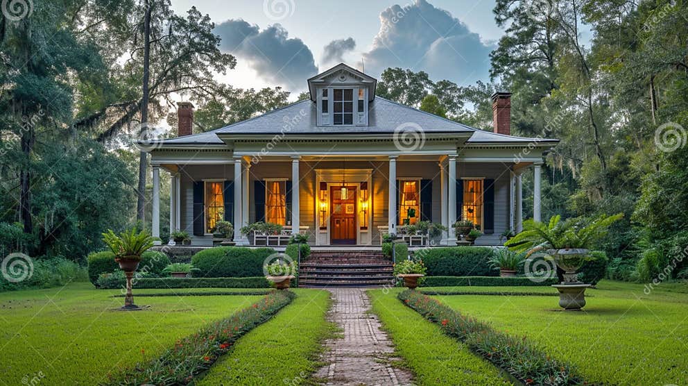 Traditional Southern Home with Clouds and Grass Stock Illustration ...