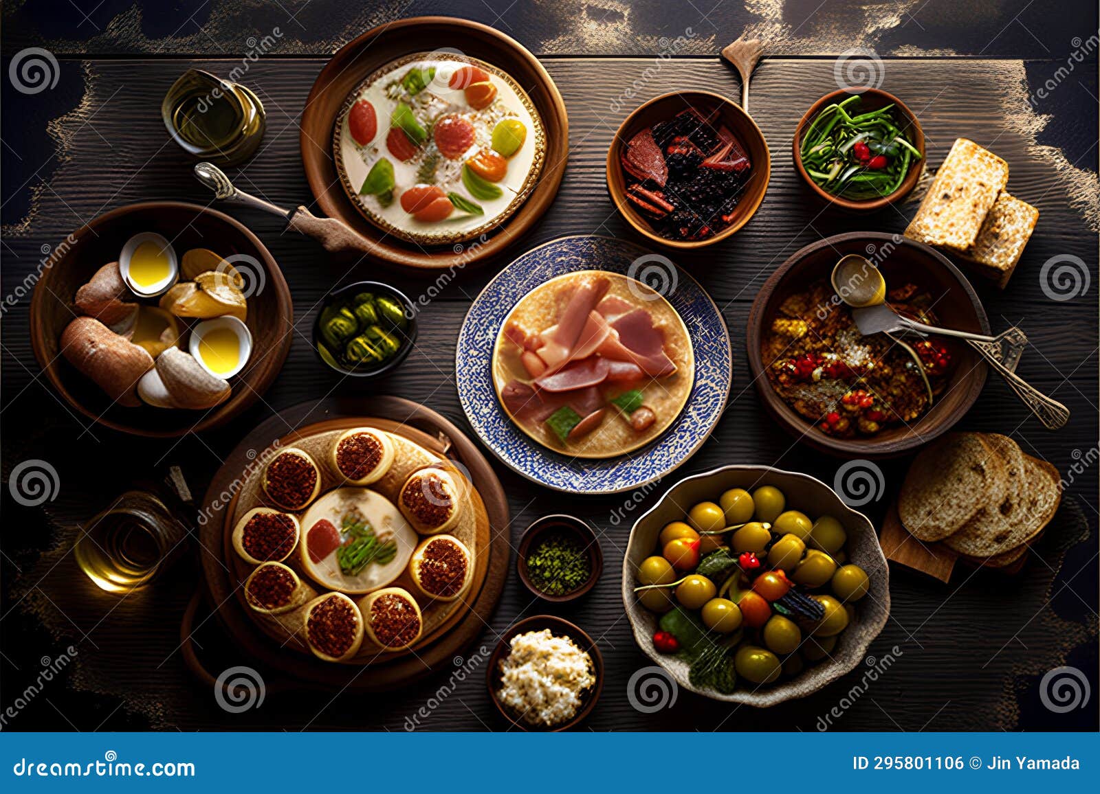 Traditional Spanish Tapas on Wooden Table. Top View, Flat Lay Stock ...