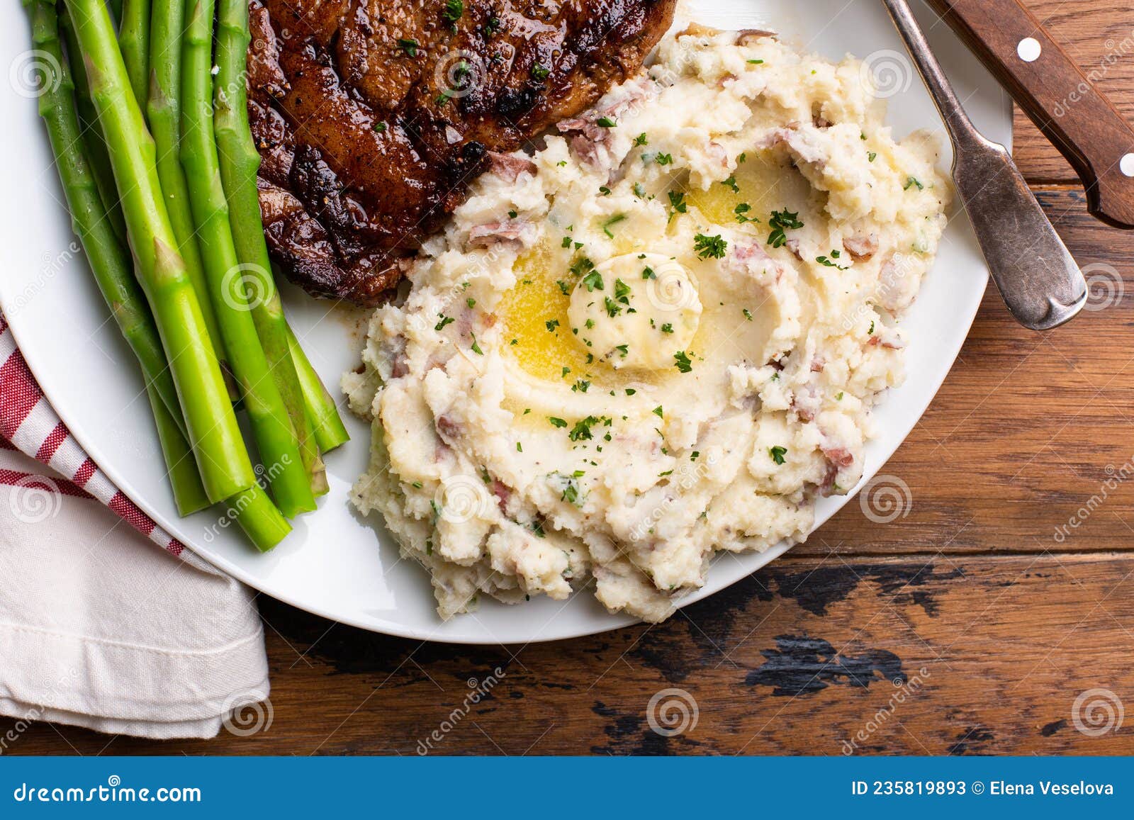 Traditional Steak and Mashed Potatoes with Asparagus Stock Image ...