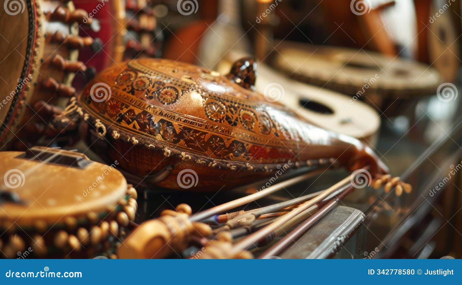 Traditional String Instruments Displayed on a Countertop Stock Photo ...
