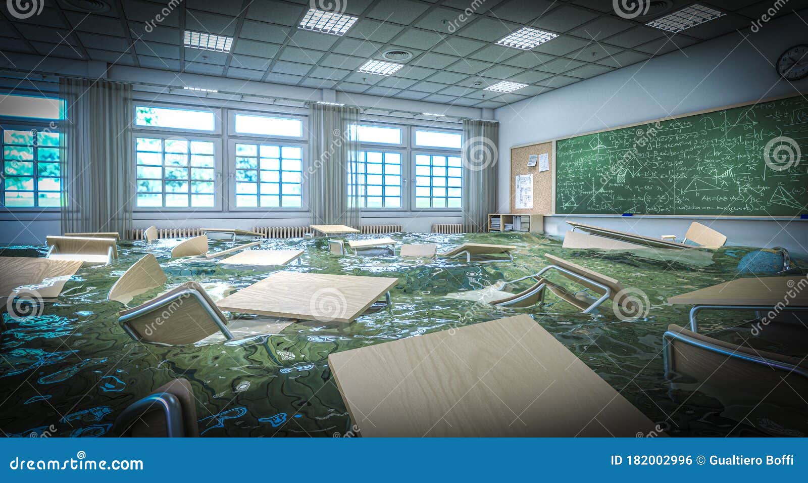 Traditional Style School Class. Flooded with Water that Moves Chairs ...