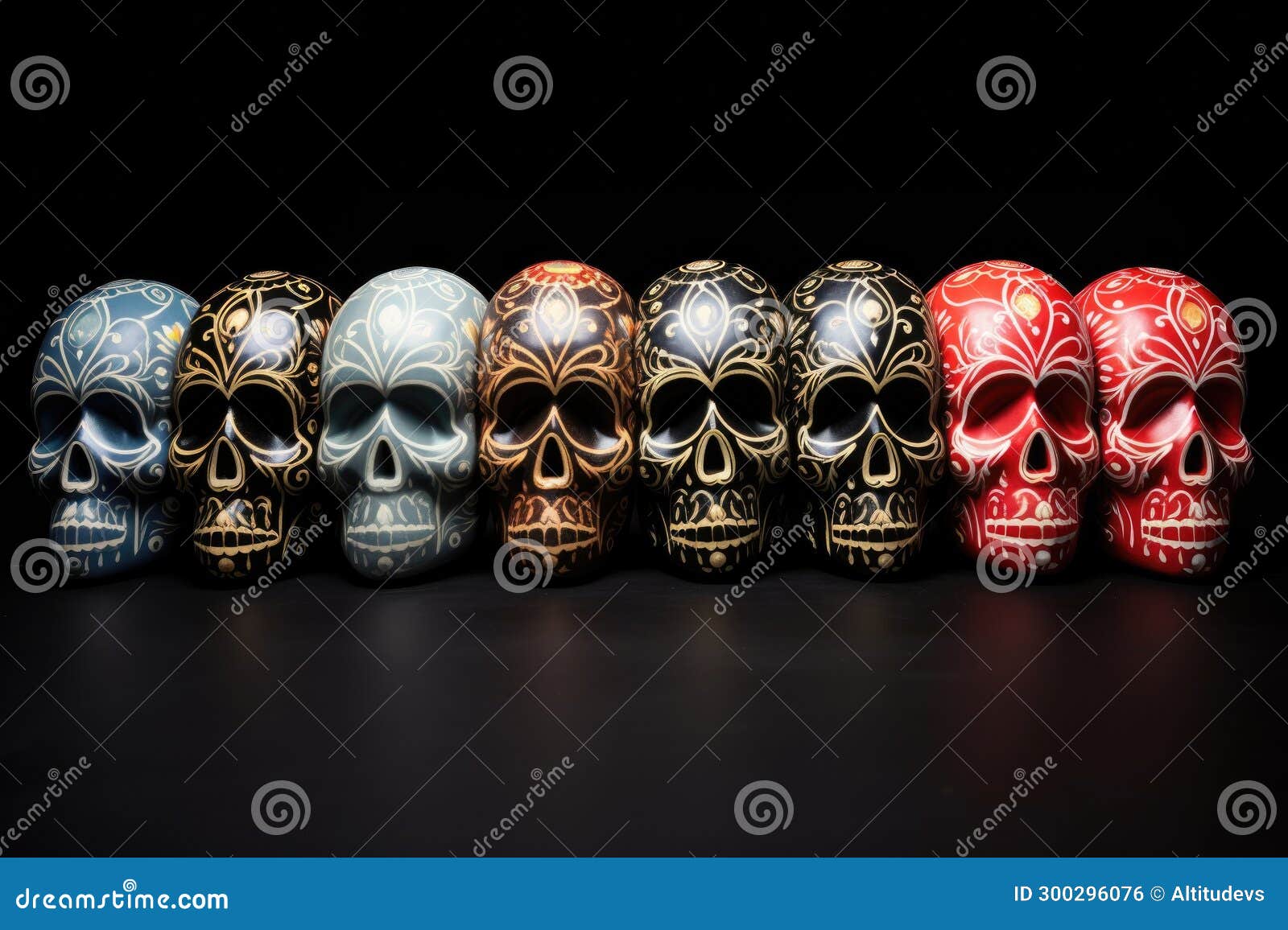 Traditional Sugar Skulls Arranged in a Row Against a Black Background ...