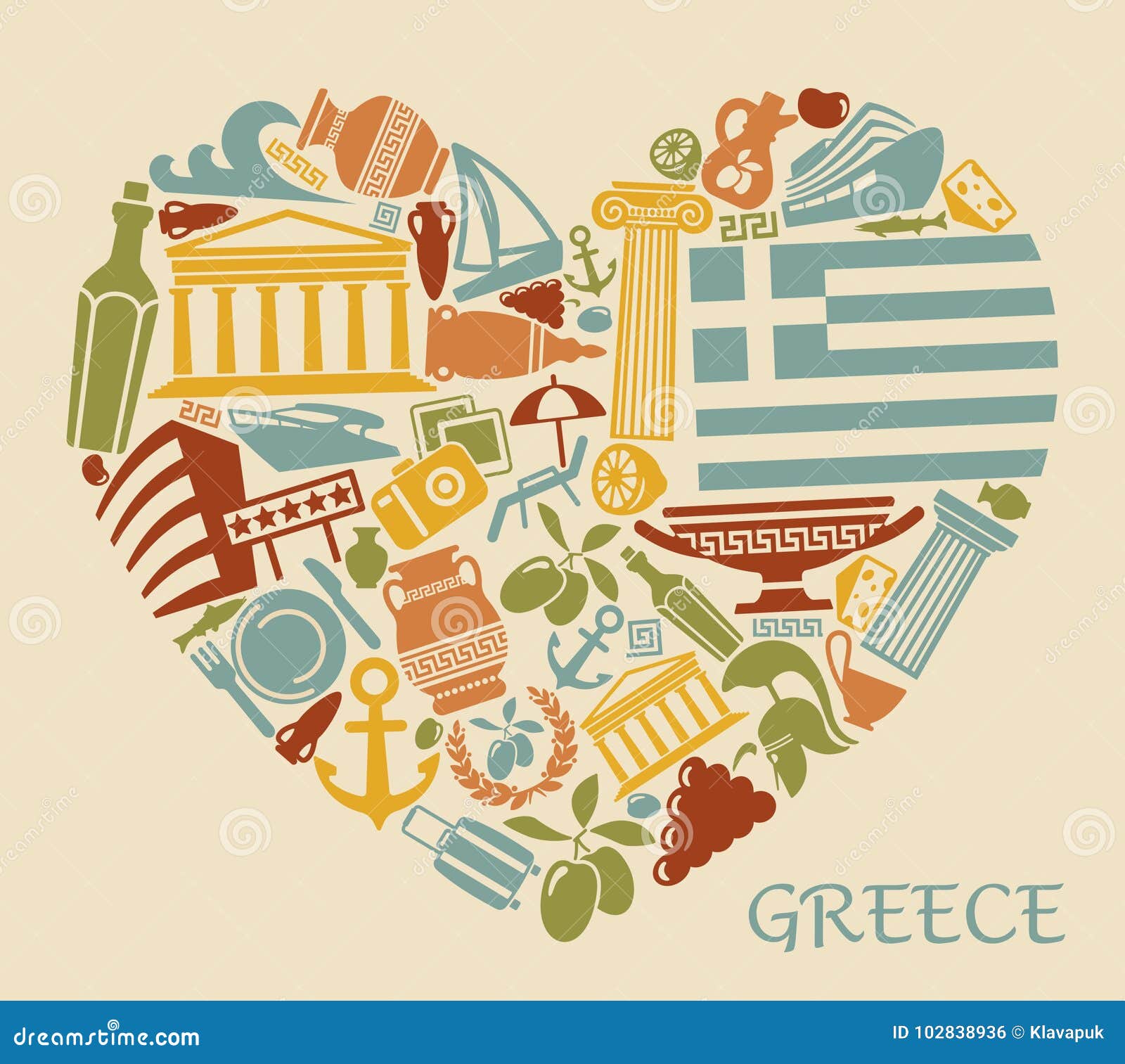 Symbols of Greece in the Form of Heart Stock Vector - Illustration of ...
