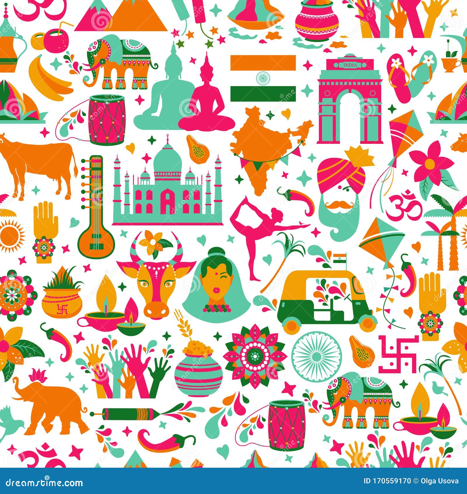 Traditional Symbols of India Seamless Pattern on White Background ...