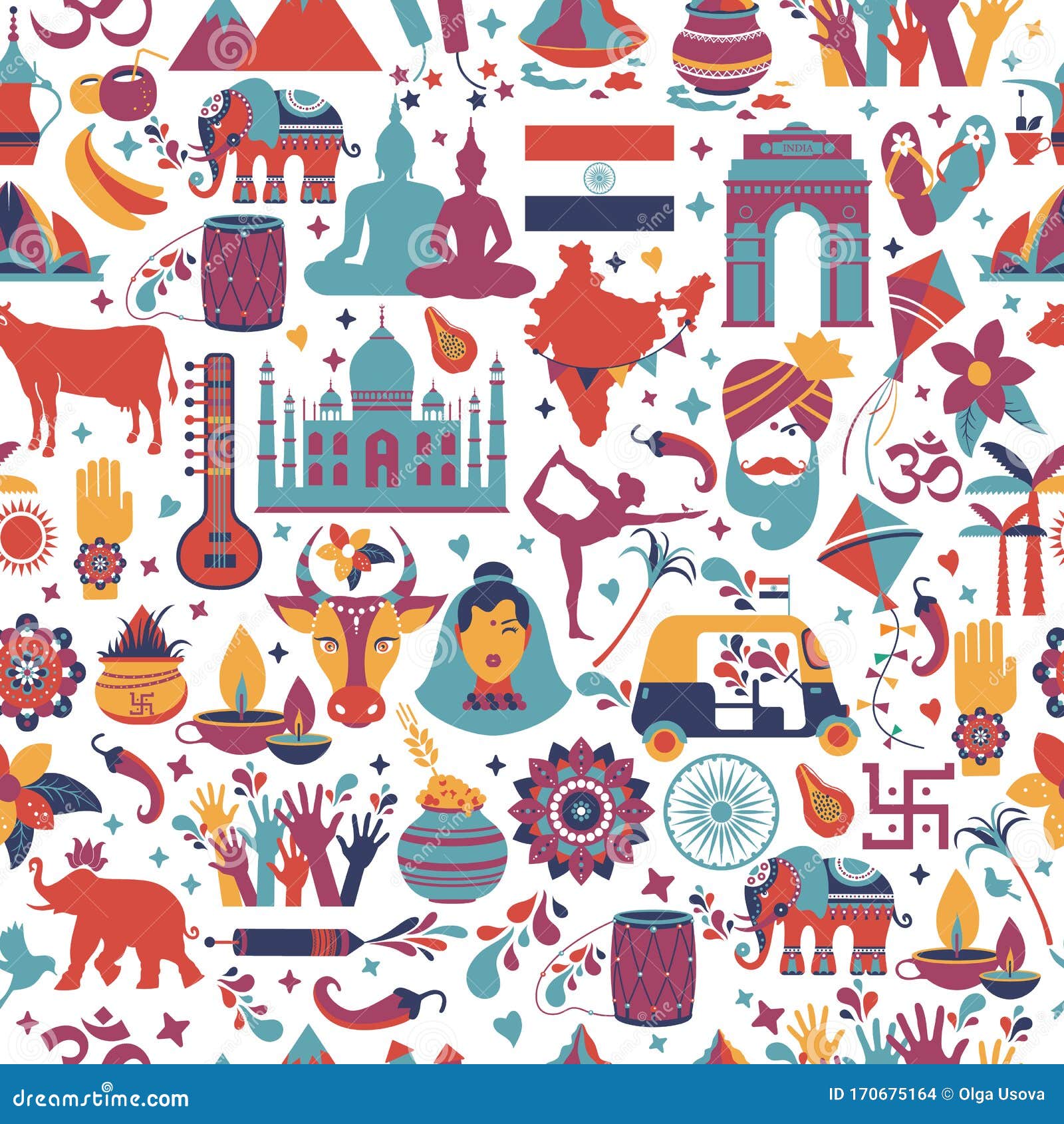 Traditional Symbols of India Seamless Pattern on White Background ...