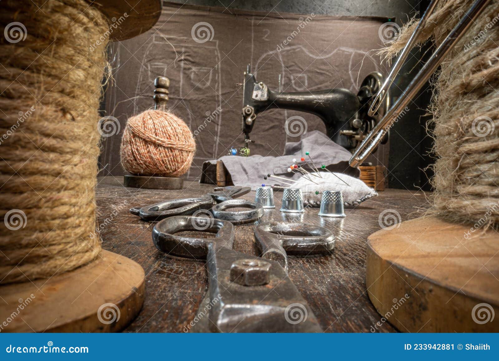 Traditional Tailor Workshop with Scissors and Sewing Machine Stock ...