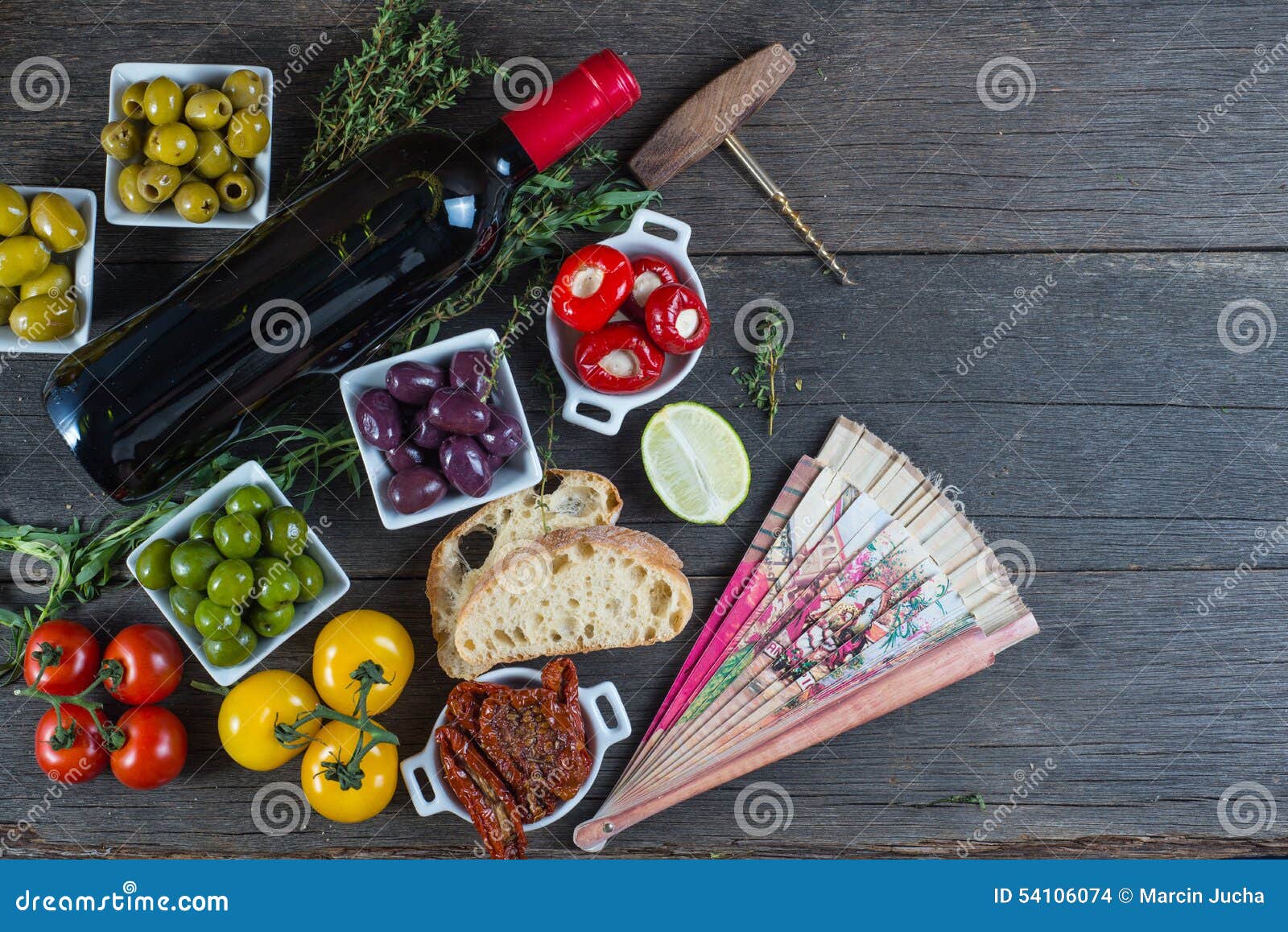 Traditional Tapas Buffet on Wooden Table from Above Stock Photo - Image ...