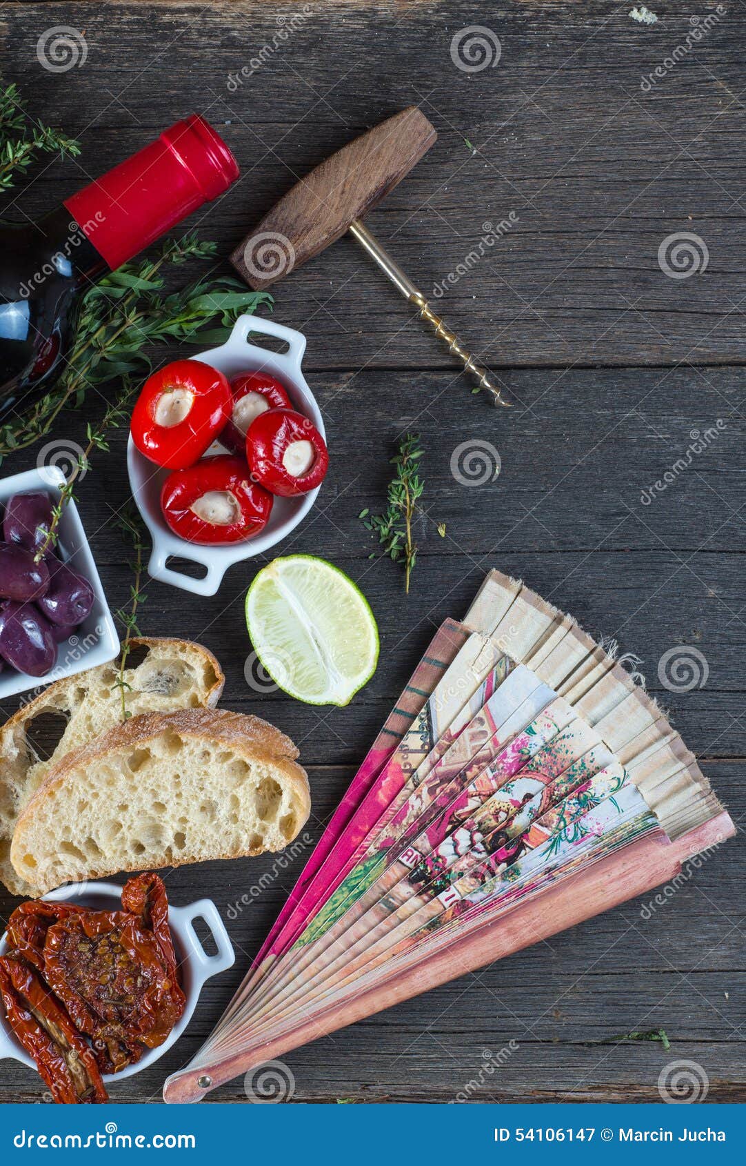 Traditional Tapas Buffet on Wooden Table from Above Stock Image - Image ...