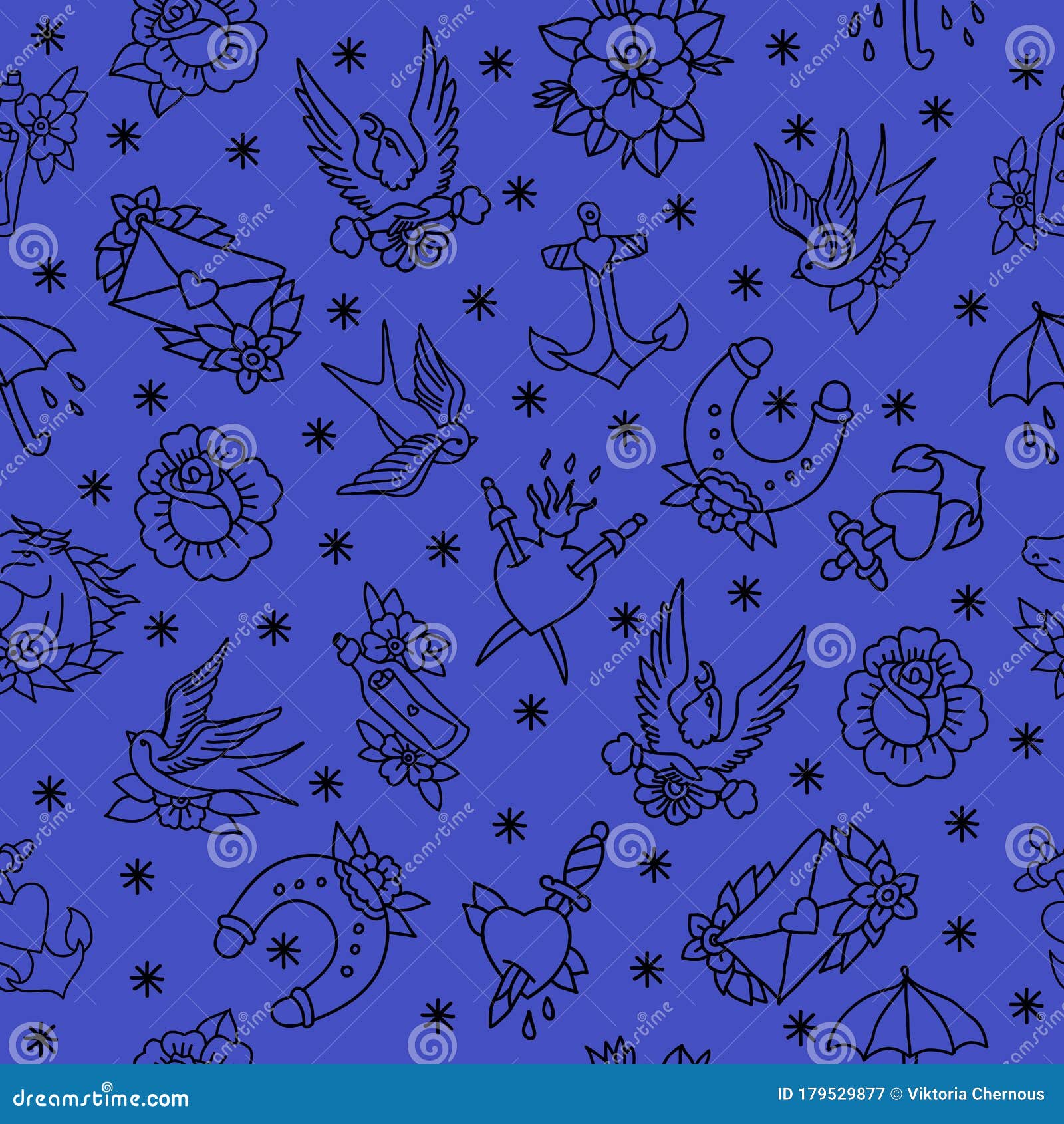 Traditional Tattoo Flash Seamless Doodle Pattern Stock Illustration ...