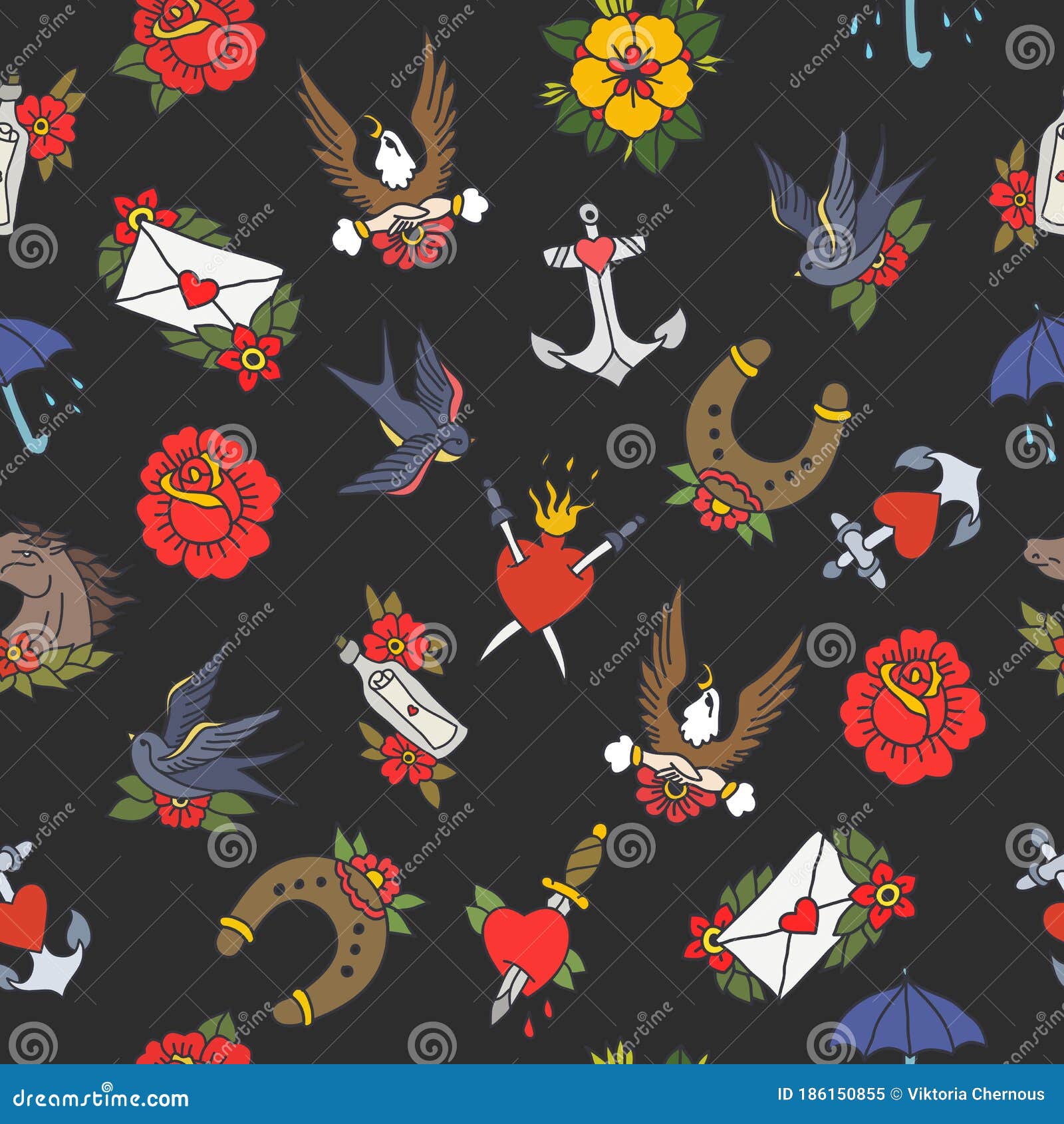 Traditional Tattoo Flash Seamless Doodle Pattern, Vector Illustration ...