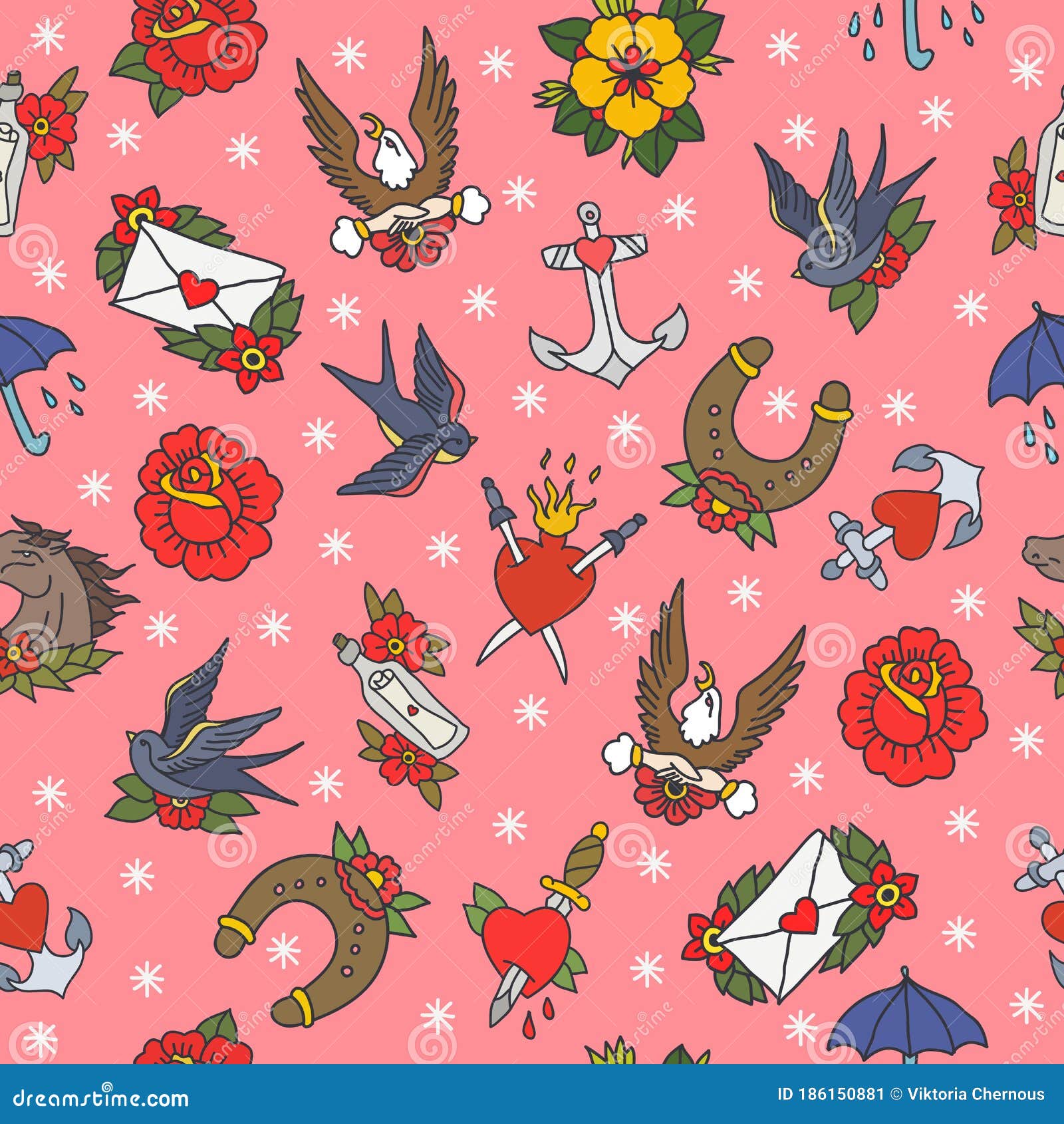 Traditional Tattoo Flash Seamless Doodle Pattern, Vector Illustration ...