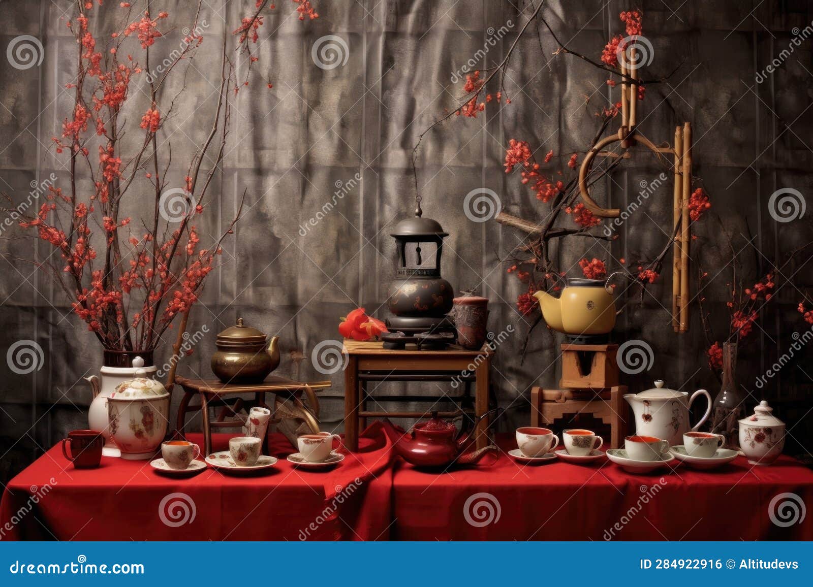Traditional Tea Ceremony Setup with Teapot and Cups Stock Illustration ...