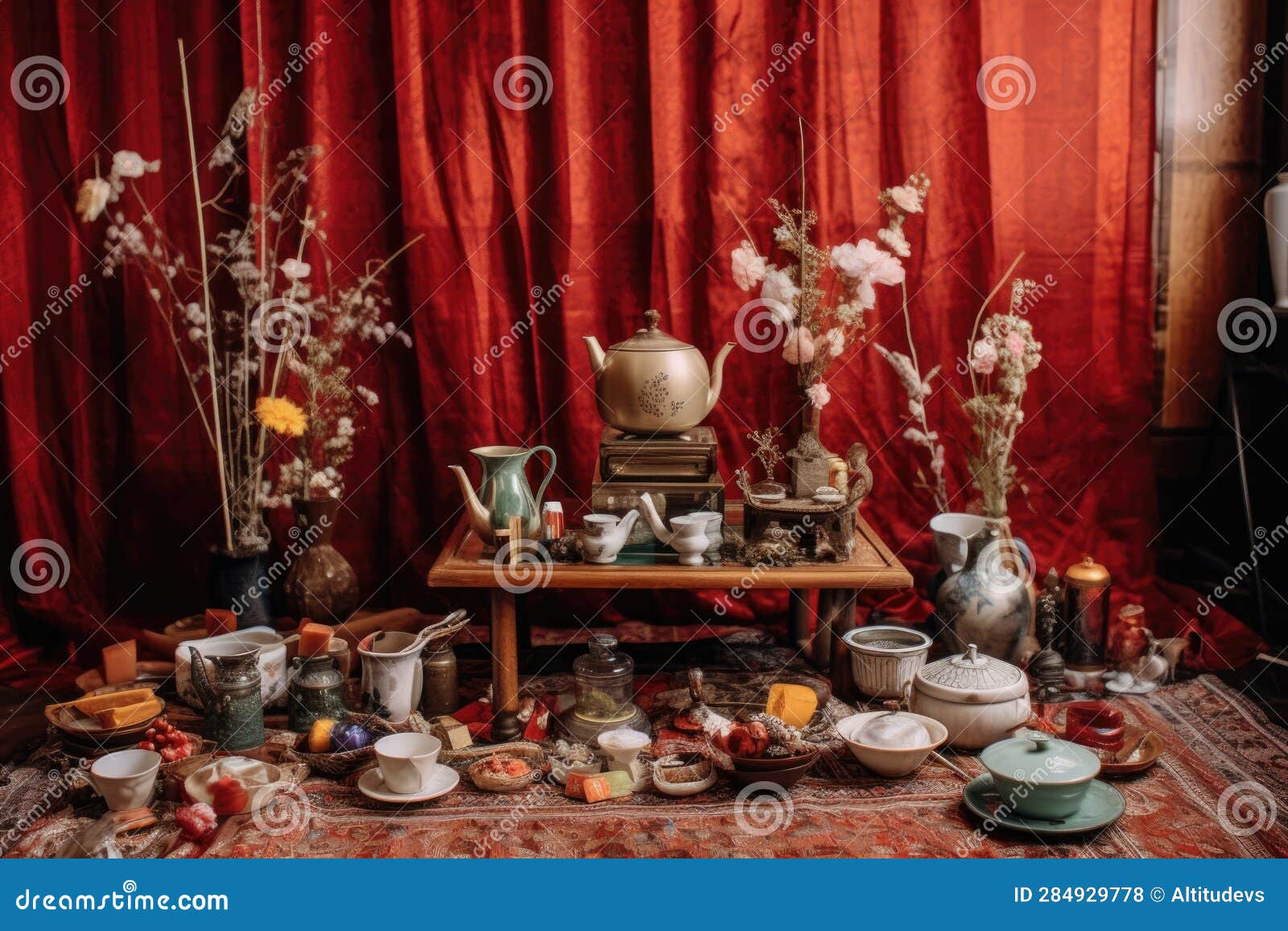 Traditional Tea Ceremony Setup with Teapot and Cups Stock Illustration ...