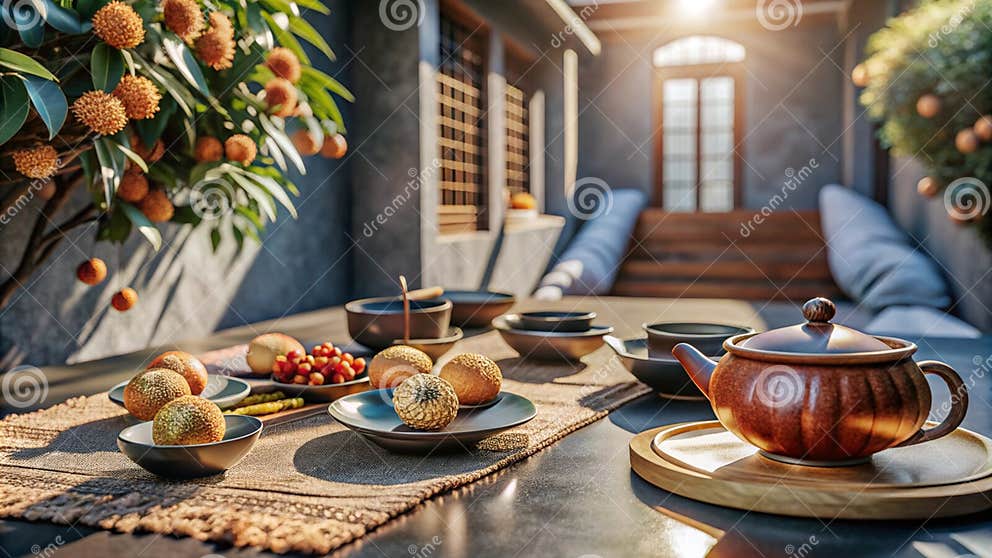 Traditional Tea Set with Fruit and Pastries on a Table Outdoors Stock ...