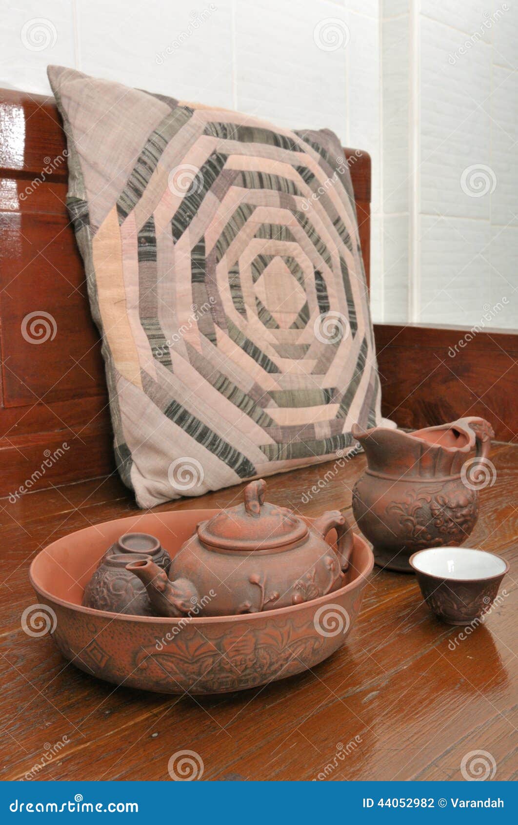 Traditional Teapot and Teacups on Wooden Sofa Stock Photo - Image of ...