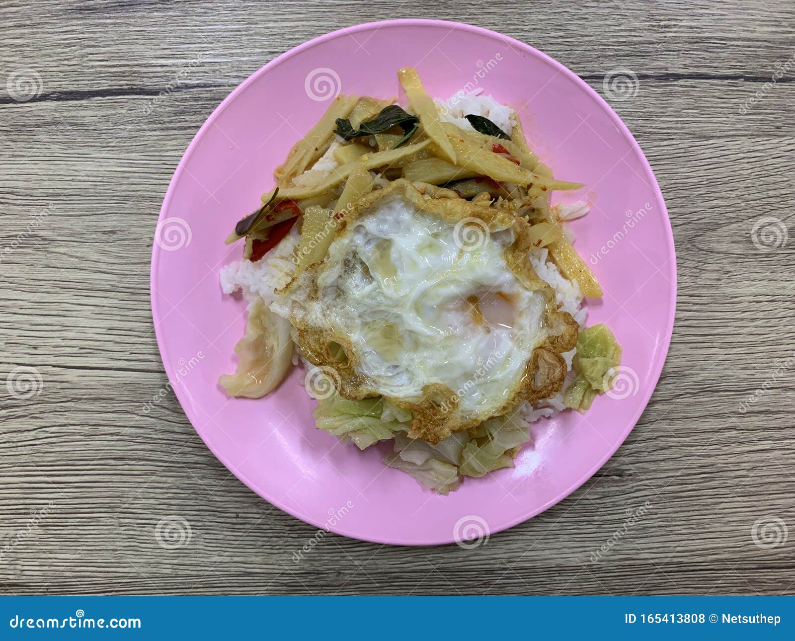Traditional Thai Rice and Curry Topping with Fried Egg Stock Photo ...
