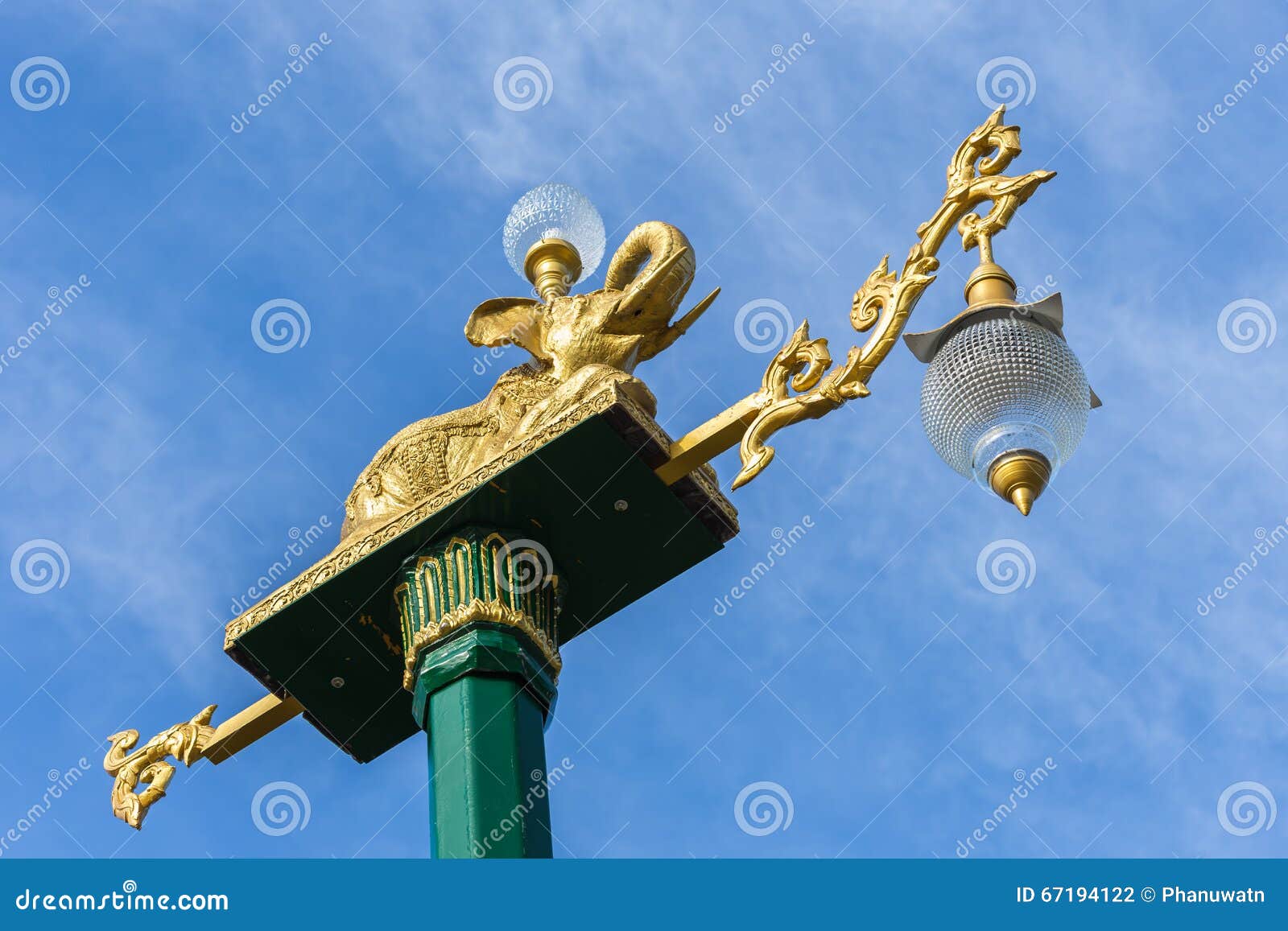 Traditional Thai Style Light Pole With Elephant Statue On Blue S Stock ...