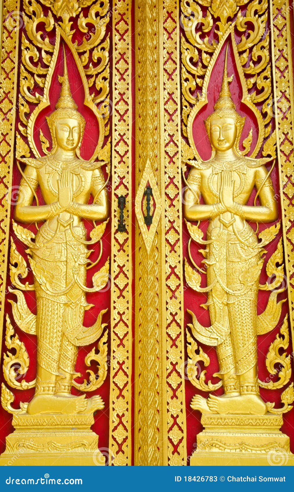 Thai Woodcraft Golden Art God Pattern At Temple Door Buddhist Religion ...