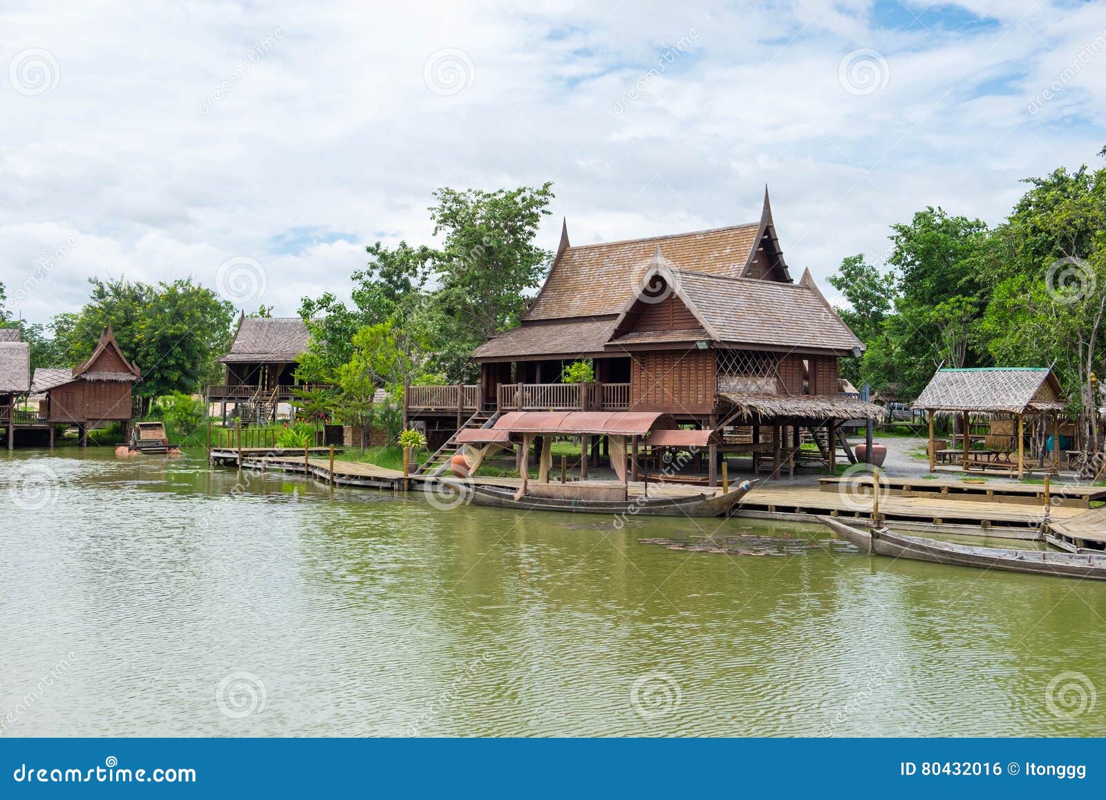Traditional Thai Style Wooden House in Riverside Stock Photo - Image of ...