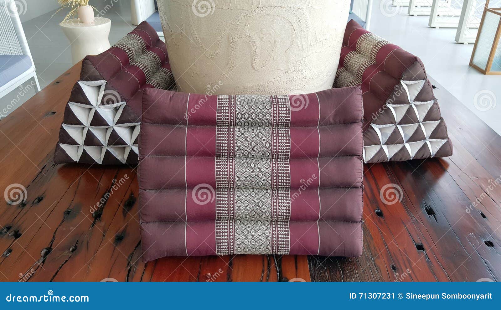 Traditional Thai Triangle Pillow Stock Image - Image of wood, bench ...
