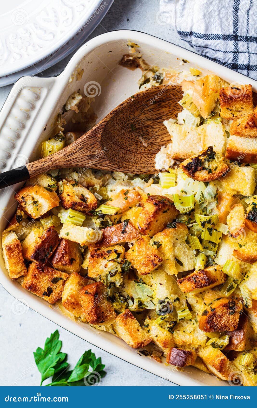 Traditional Thanksgiving Stuffing. Bread Casserole with Celery Stock ...