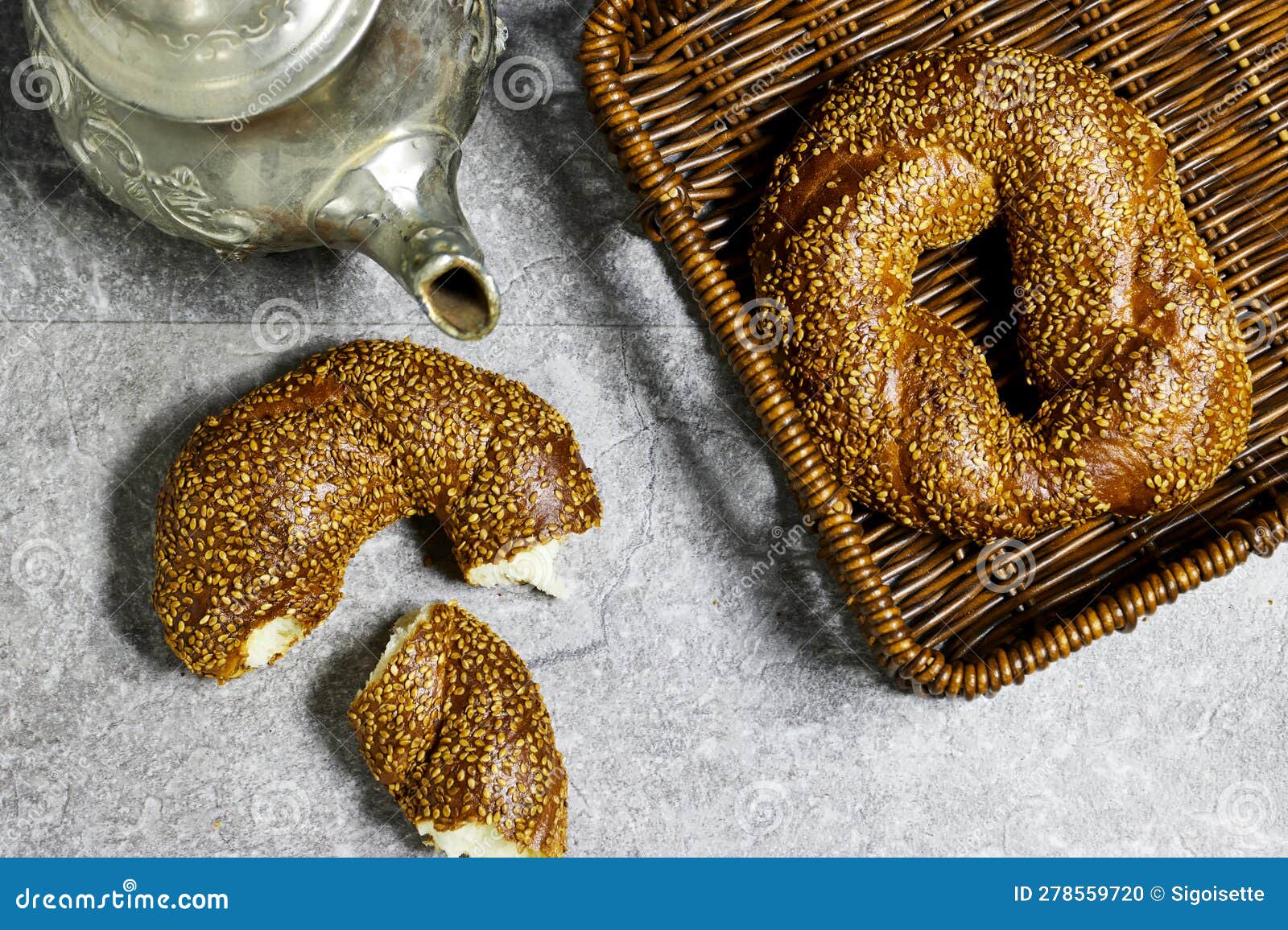 Traditional Turkish Breakfast with Simit Bagels in Basket with Teapot ...