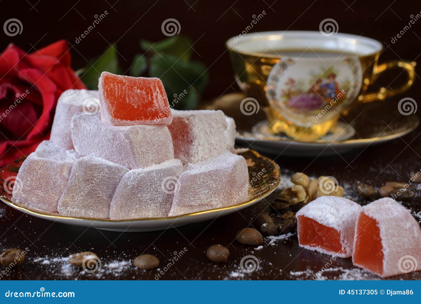 Traditional Turkish Delight with Rose Stock Image - Image of food ...