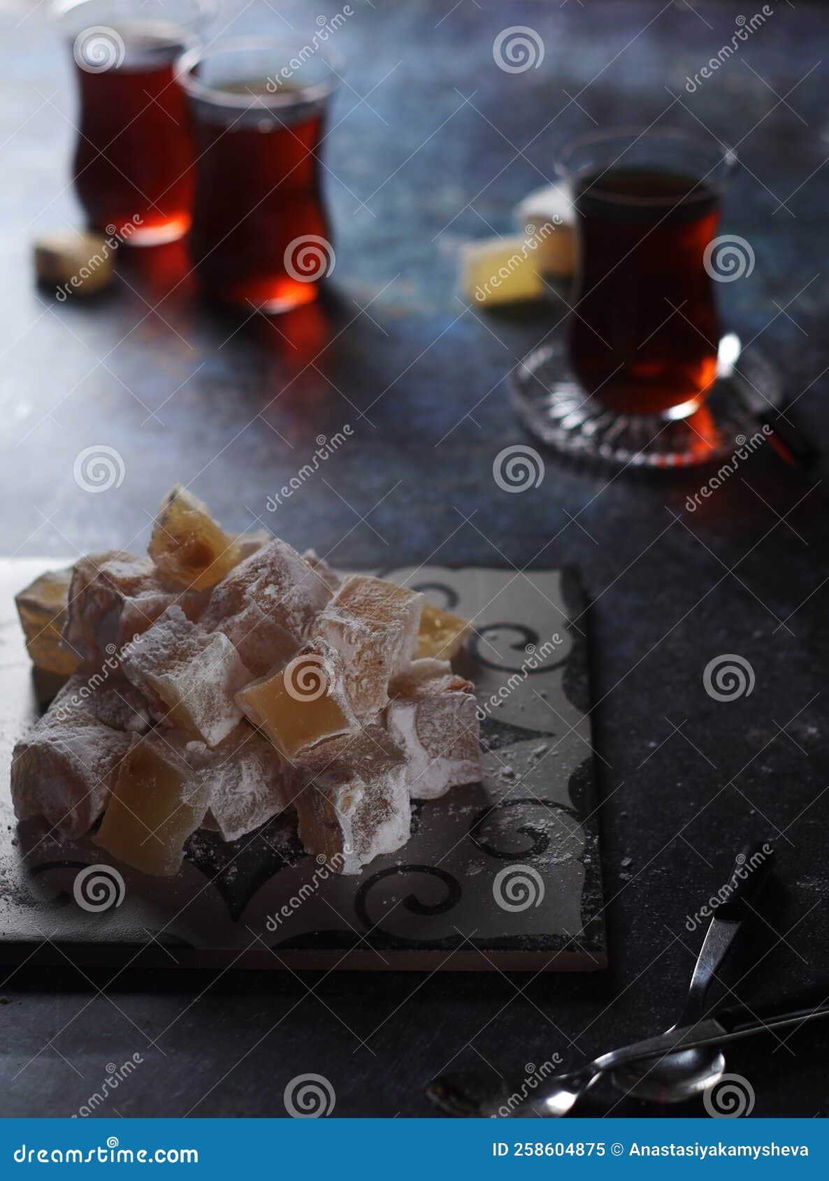 Traditional Turkish Lokum with Tea Stock Image - Image of lebanese ...