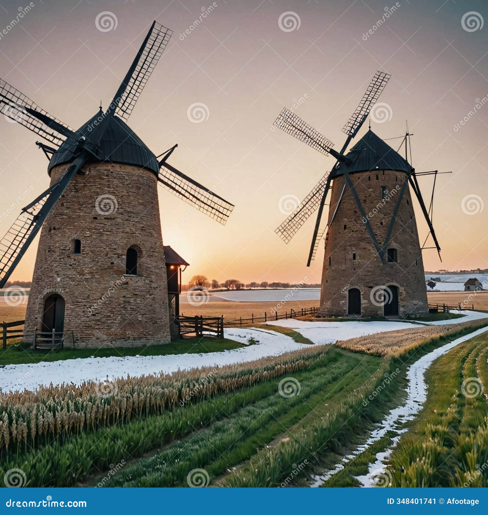 Traditional Windmill or Wind Engine in Cornfield and Rice Field, Brick ...