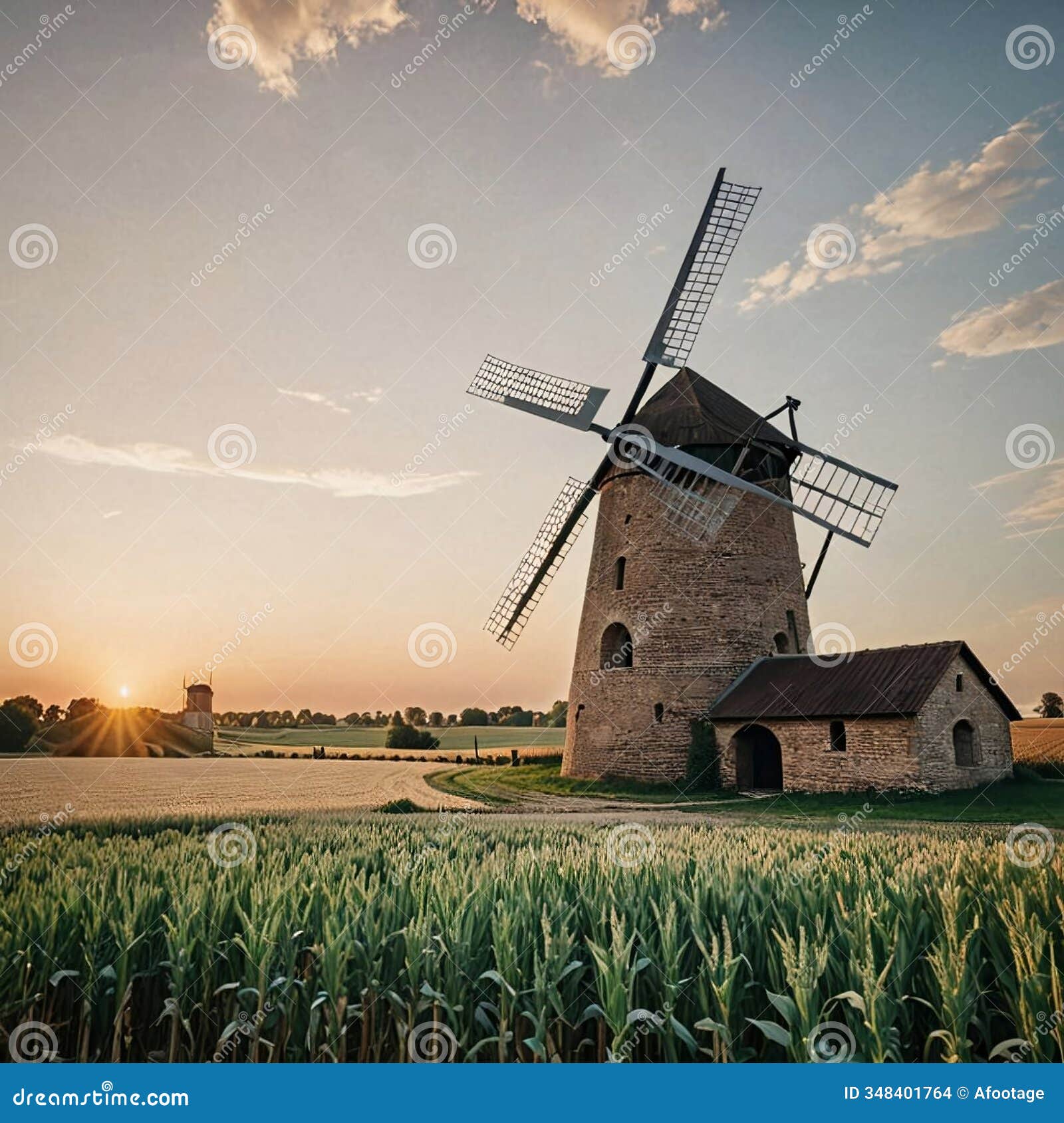 Traditional Windmill or Wind Engine in Cornfield and Rice Field, Brick ...