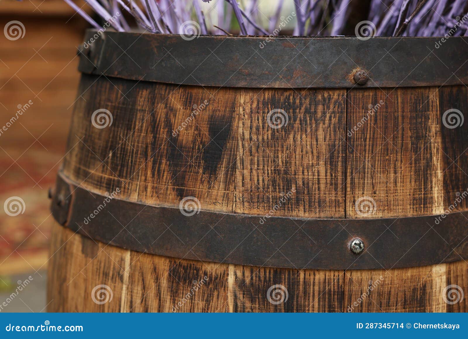 Traditional Wooden Barrel and Decorative Branches Outdoors, Closeup ...