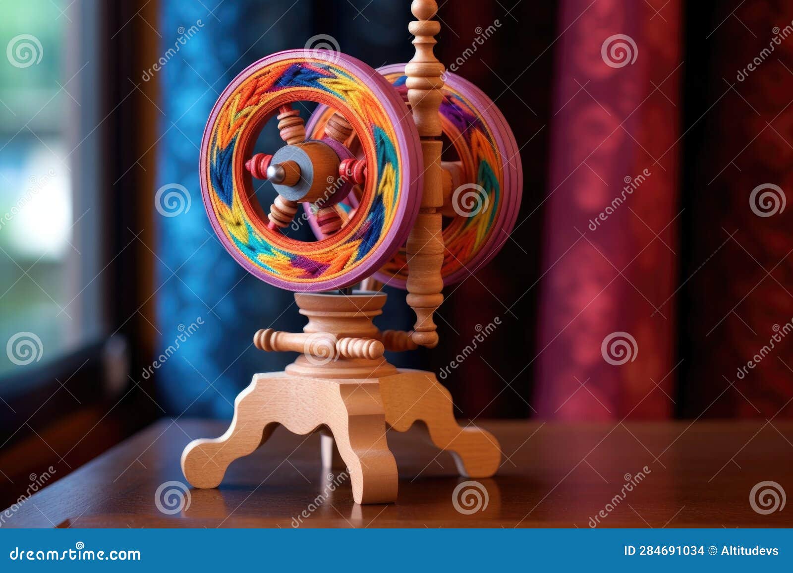 Traditional Wooden Spinning Wheel with Silk Thread Stock Photo - Image ...