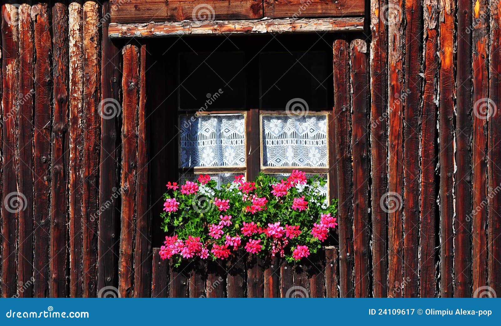 Traditional Wooden Window with Red Flowers Stock Image - Image of ...