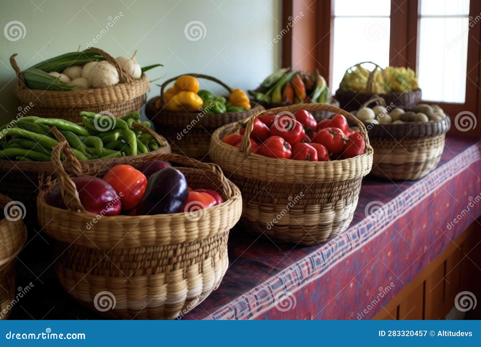 Traditional Woven Baskets Filled with Local Produce Stock Illustration ...
