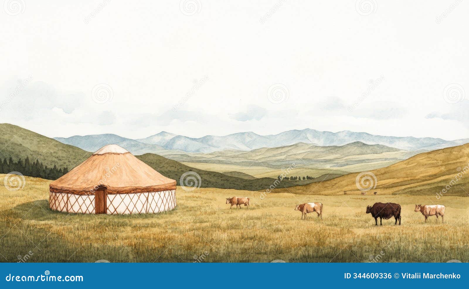Traditional Yurt on Serene Plains with Grazing Cattle and Distant ...