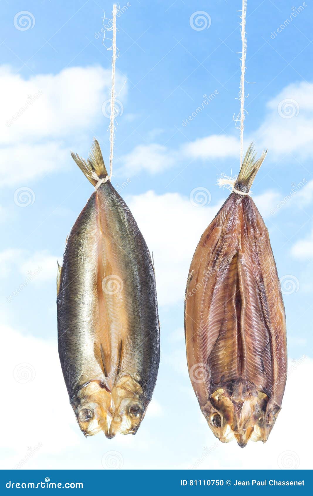 Traditionally Smoked Kippered Herring on Blue Sky Background Stock ...