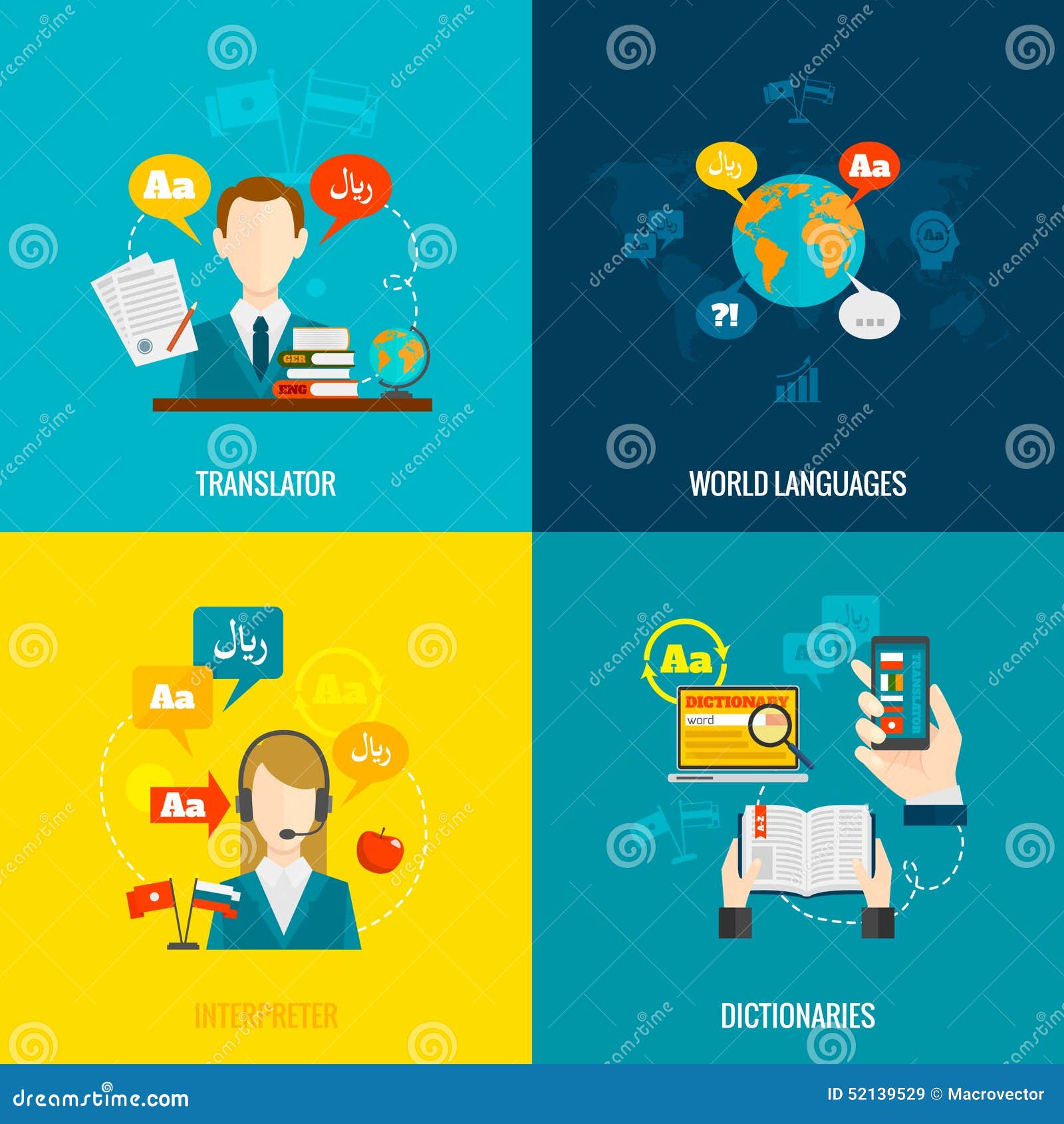 Traduction Et Icônes Plates De Dictionnaire Illustration de Vecteur ...