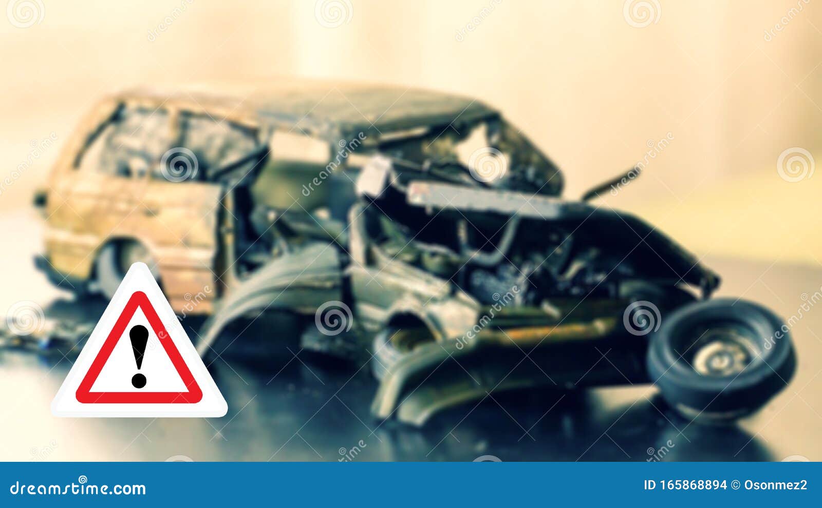 Traffic Accident Caution Sign and Crashed Vehicle in Background Stock ...
