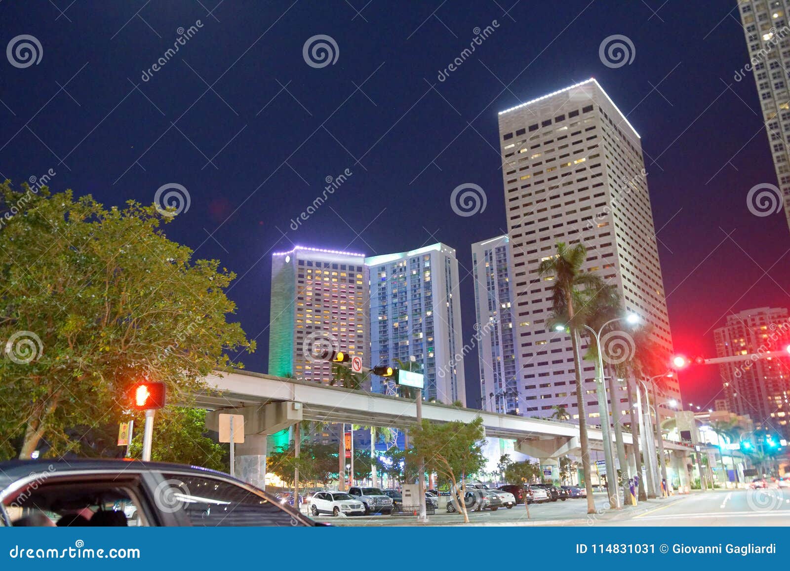 Traffic Along Downtown Miami Streets at Night Stock Image - Image of ...