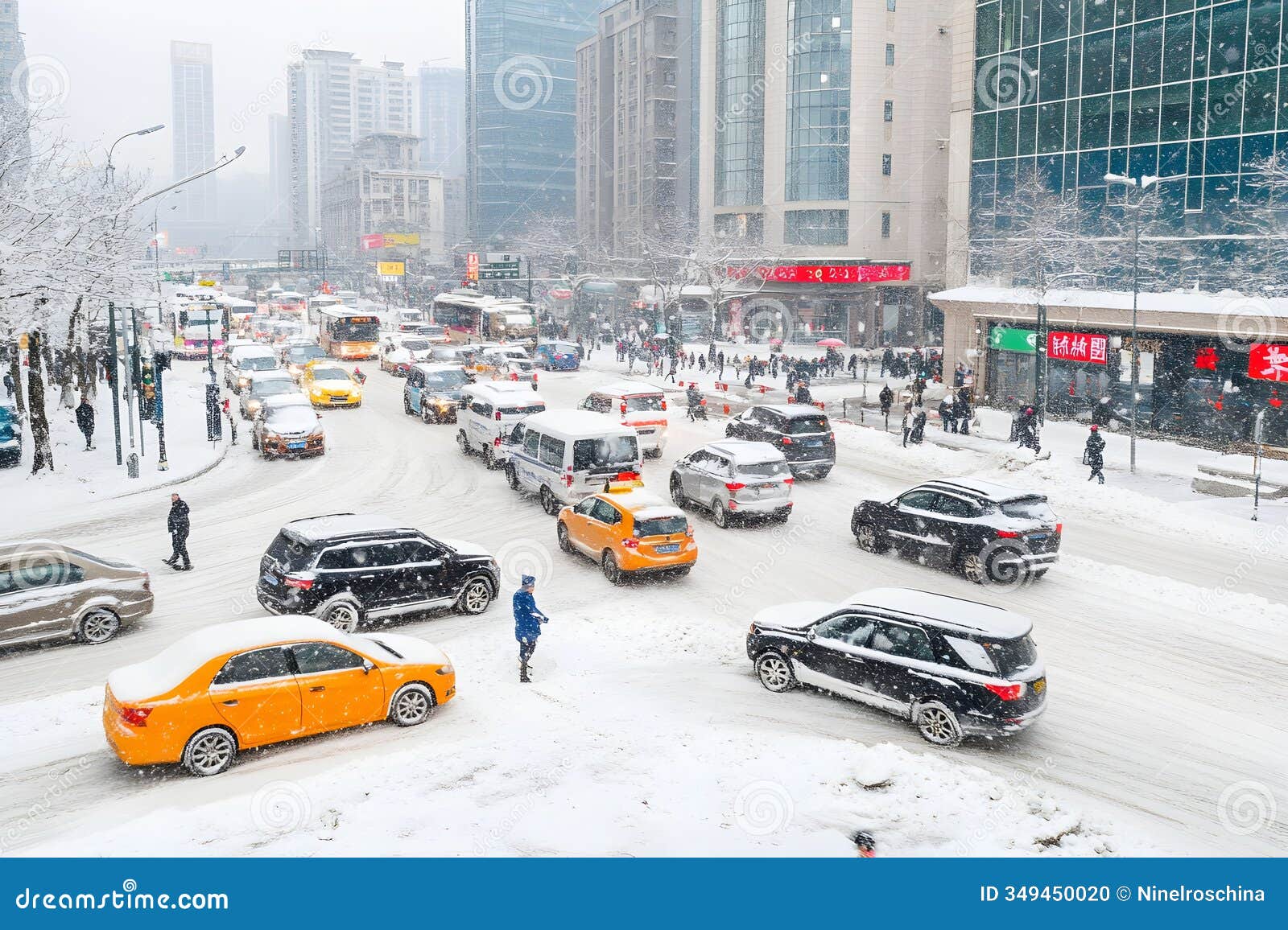 Traffic Chaos during Heavy Blizzard in Urban Intersection with ...