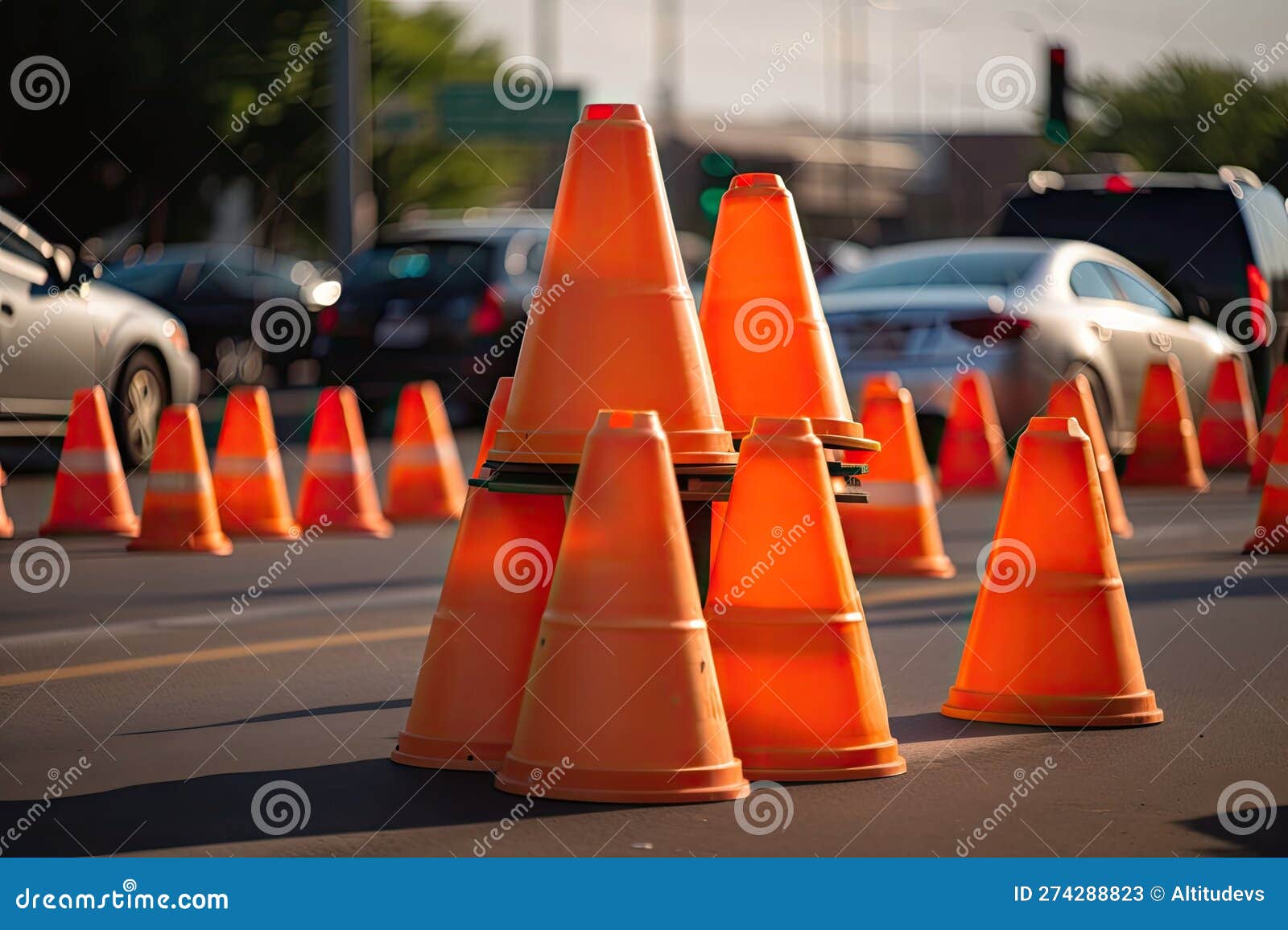 Traffic Cone Atop Stack of Cones, Creating Traffic Obstacle Stock Image ...