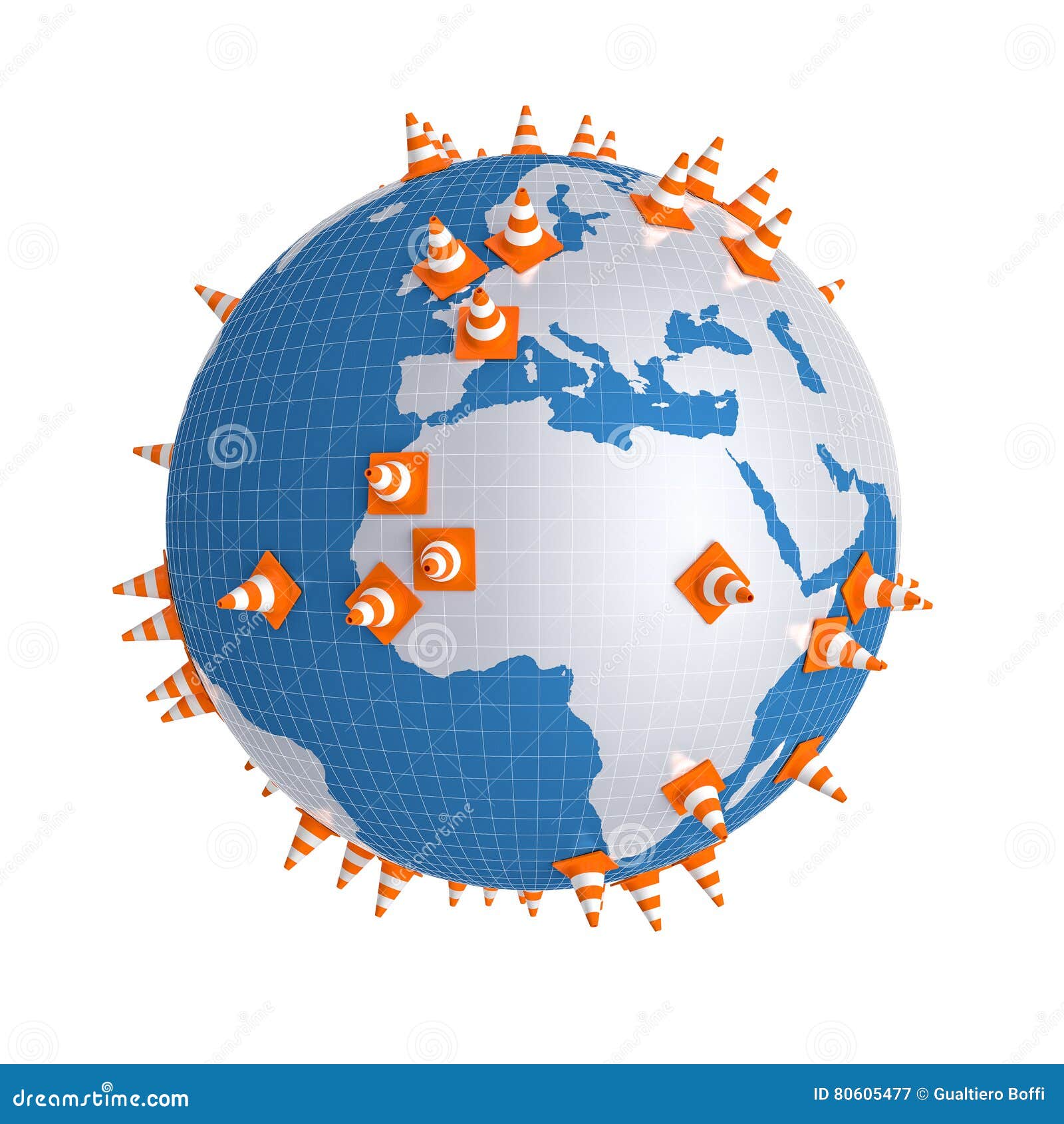 Traffic cone 3d on globe stock illustration. Illustration of earth ...
